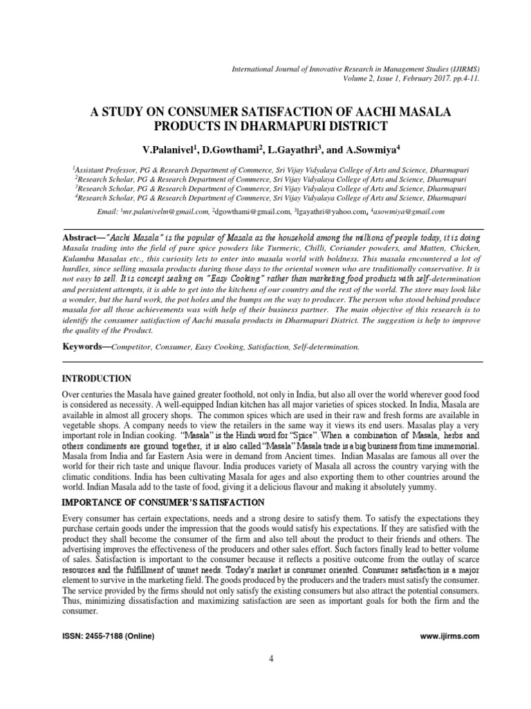 A Study On Consumer Satisfaction of Aachi Masala Products in Dharmapuri District | PDF | Retail ...