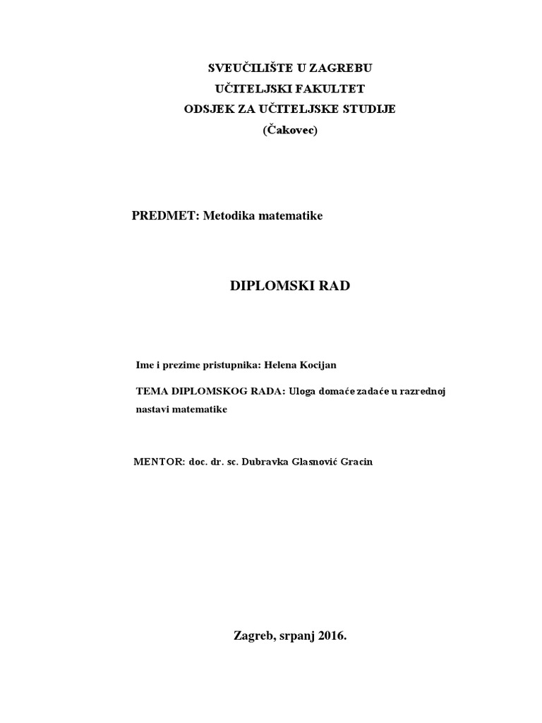 Metodika Matematike Diplomski Rad PDF | PDF