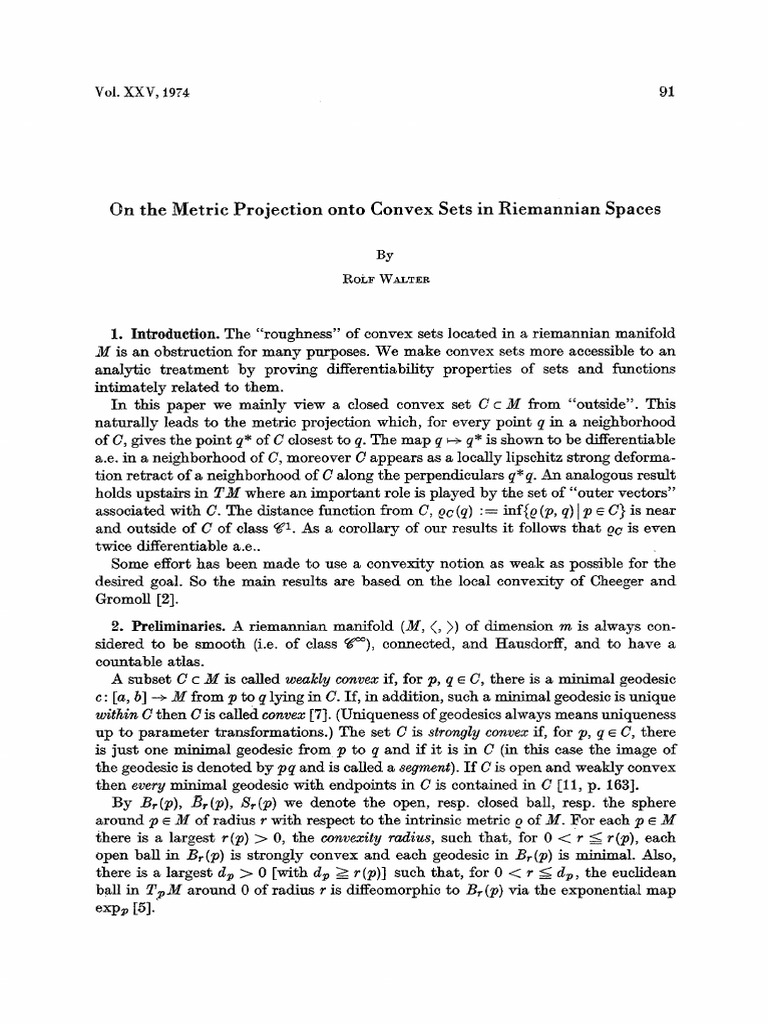 Walter - On The Metric Projection Onto Convex Sets in Riemannian Spaces | PDF | Sine | Convex Set