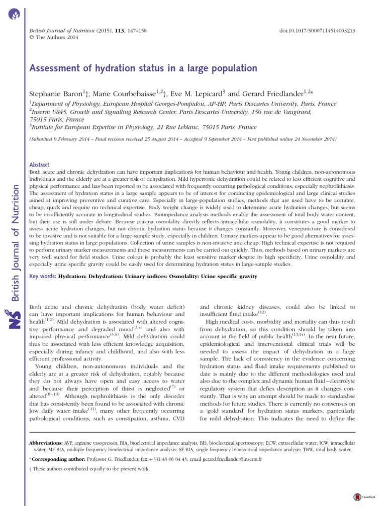 Assessment of Hydration Status in A Large Population | Download Free ...