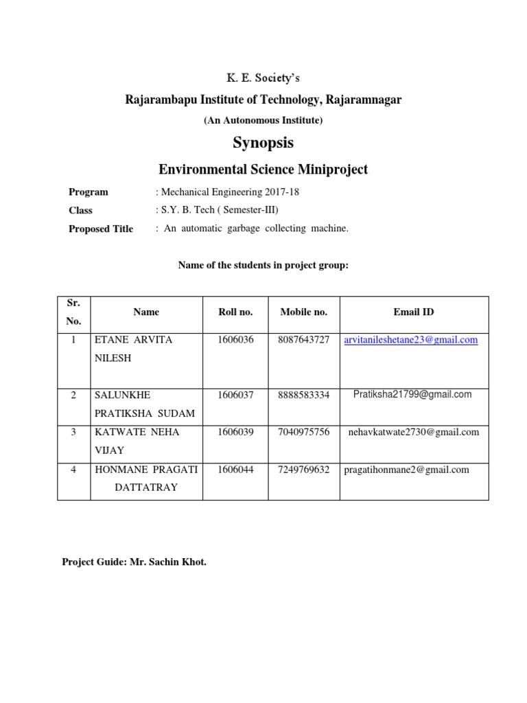 Synopsis: Environmental Science Miniproject | PDF | Waste Management ...