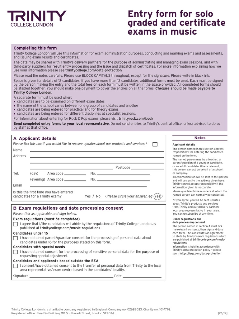 Entry Form For Solo Graded and Certificate Exams in Music PDF | PDF ...