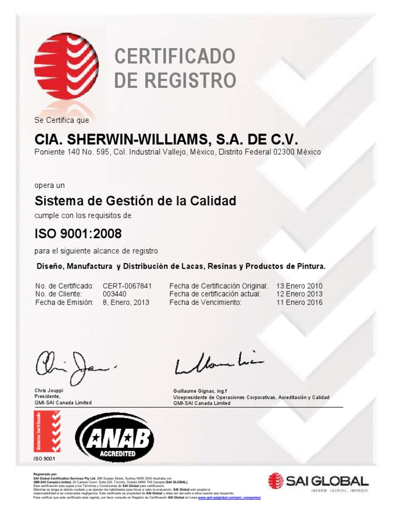 Certificado Iso Sherwin-Williams | PDF