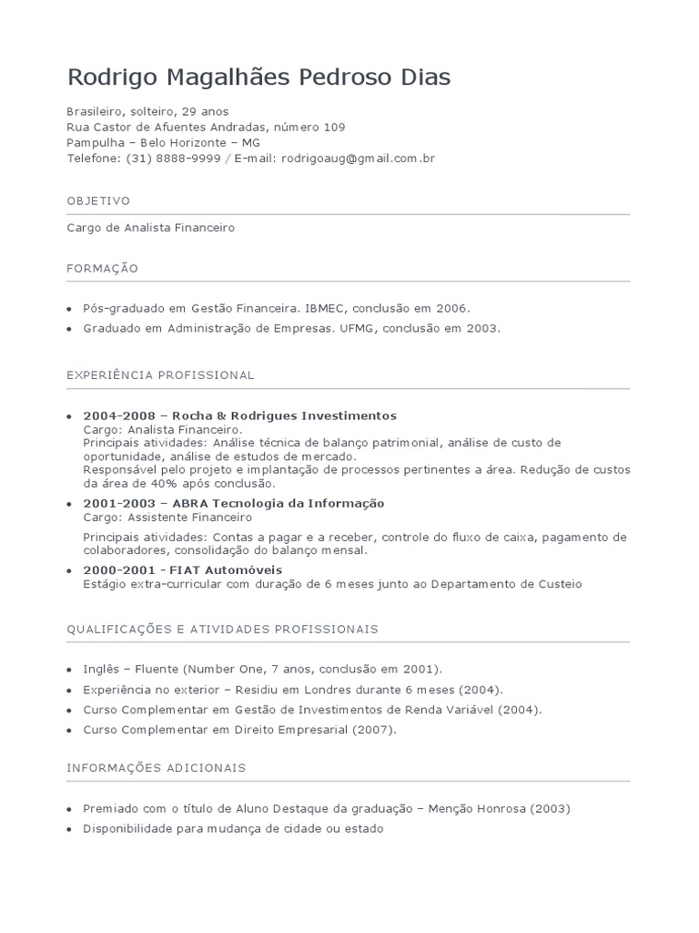 Modelo de Curriculum Preenchido | PDF | Pós-graduação | Currículo