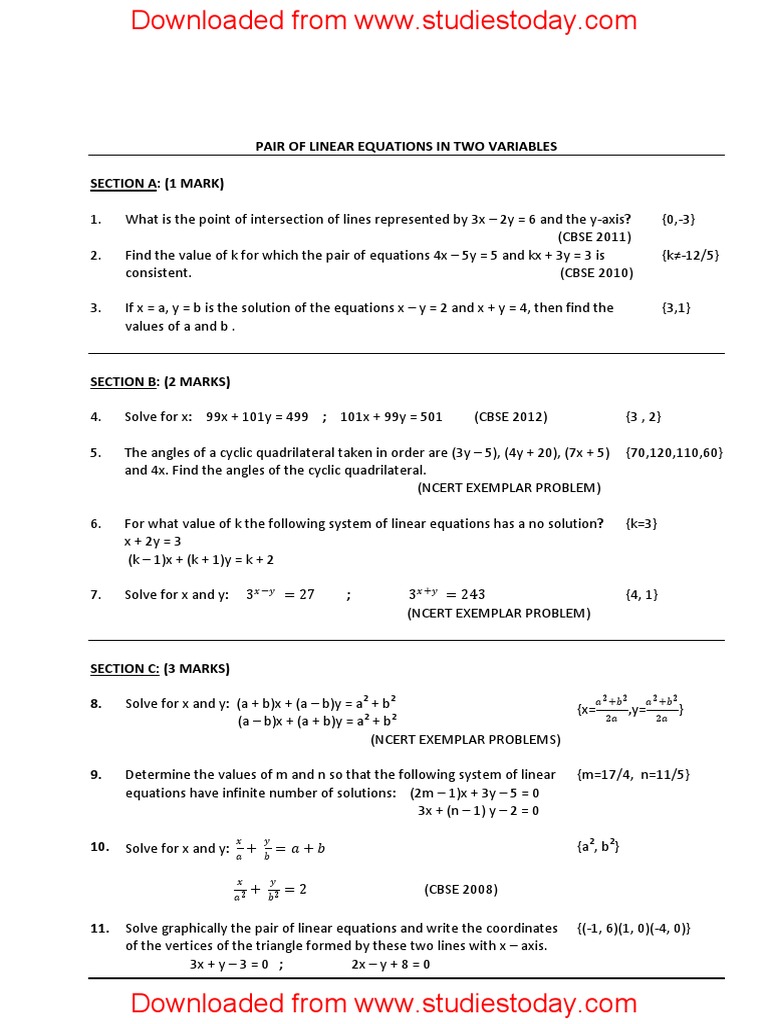 CBSE Class 10 Pair of Linear Equations in 2 Variables (10) - 0 | PDF ...