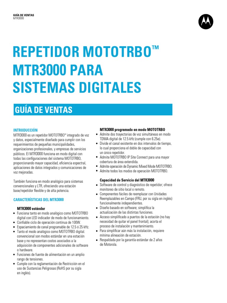 Motorola MTR3000 Mototrbo Repeater Sales Guide Es 111810 PDF | PDF ...
