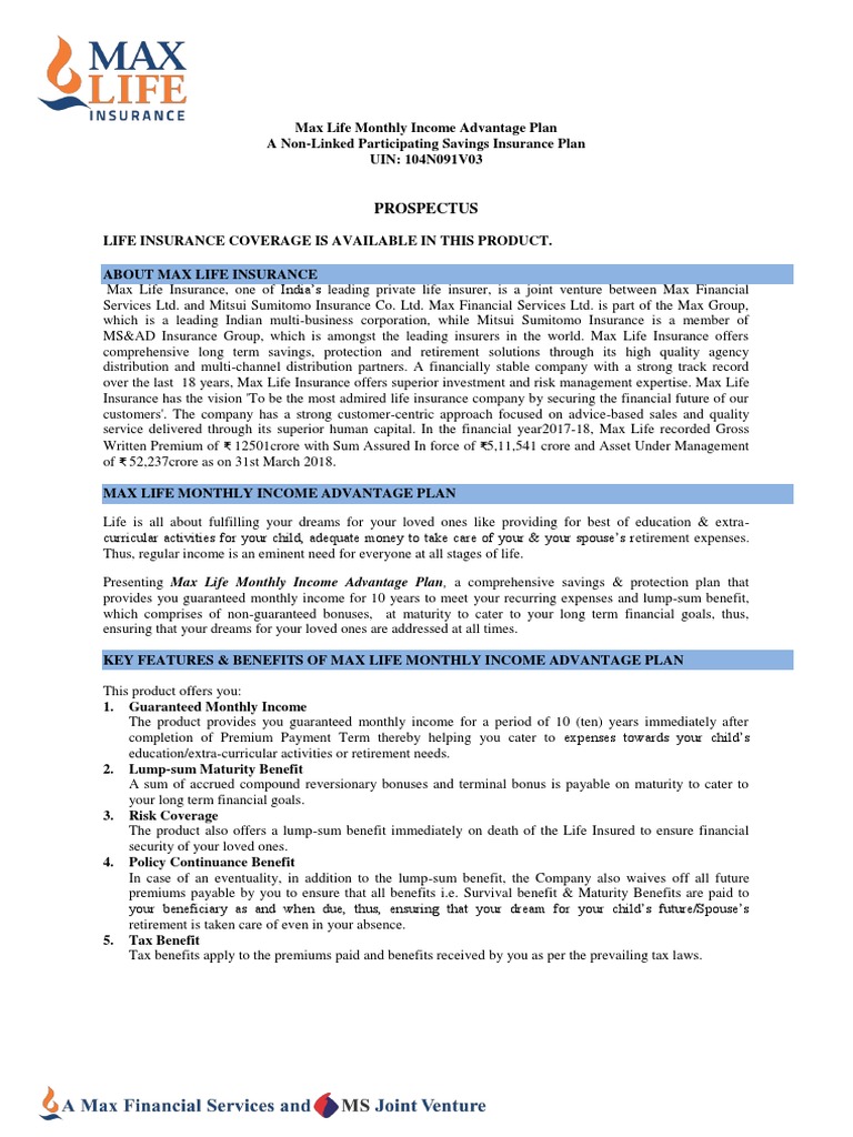 Max Life Monthly Income Advantage Plan Prospectus | PDF | Life Insurance | Insurance