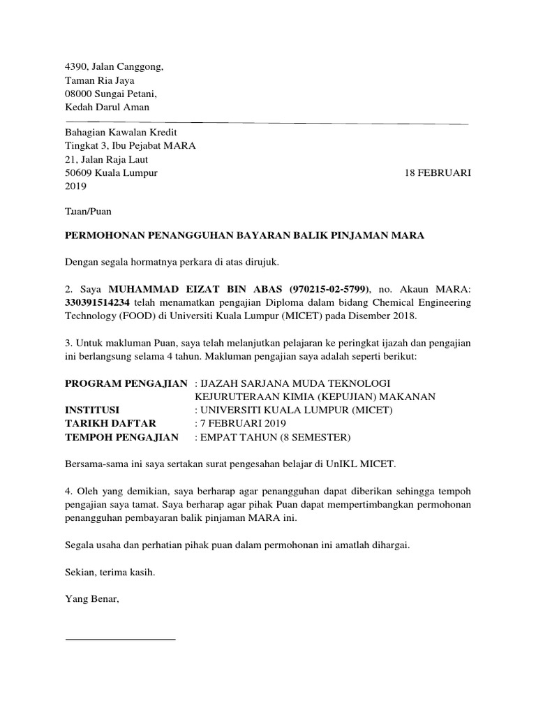 Contoh Surat Penangguhan Bayarak Pinjaman Mara | PDF