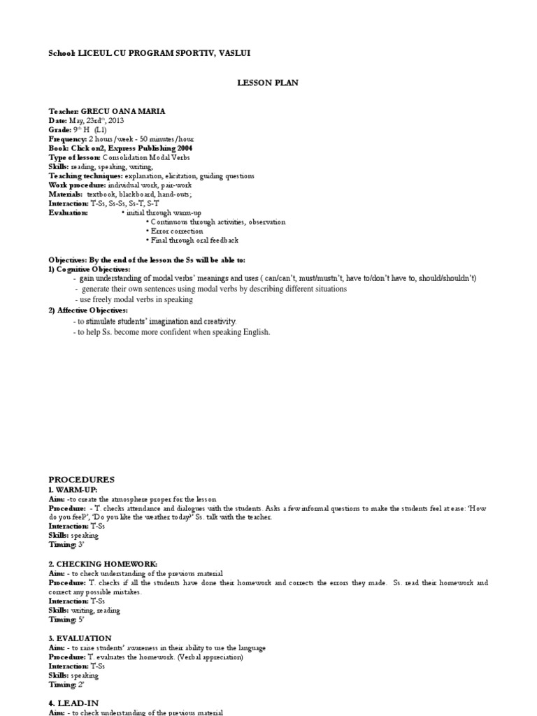 Lesson Plan Modal Verbs | Download Free PDF | Homework | Verb