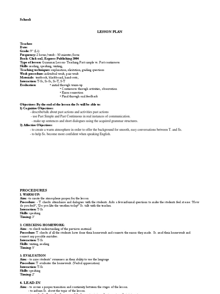 Lesson Plan Past Continuous | PDF | Question | Homework