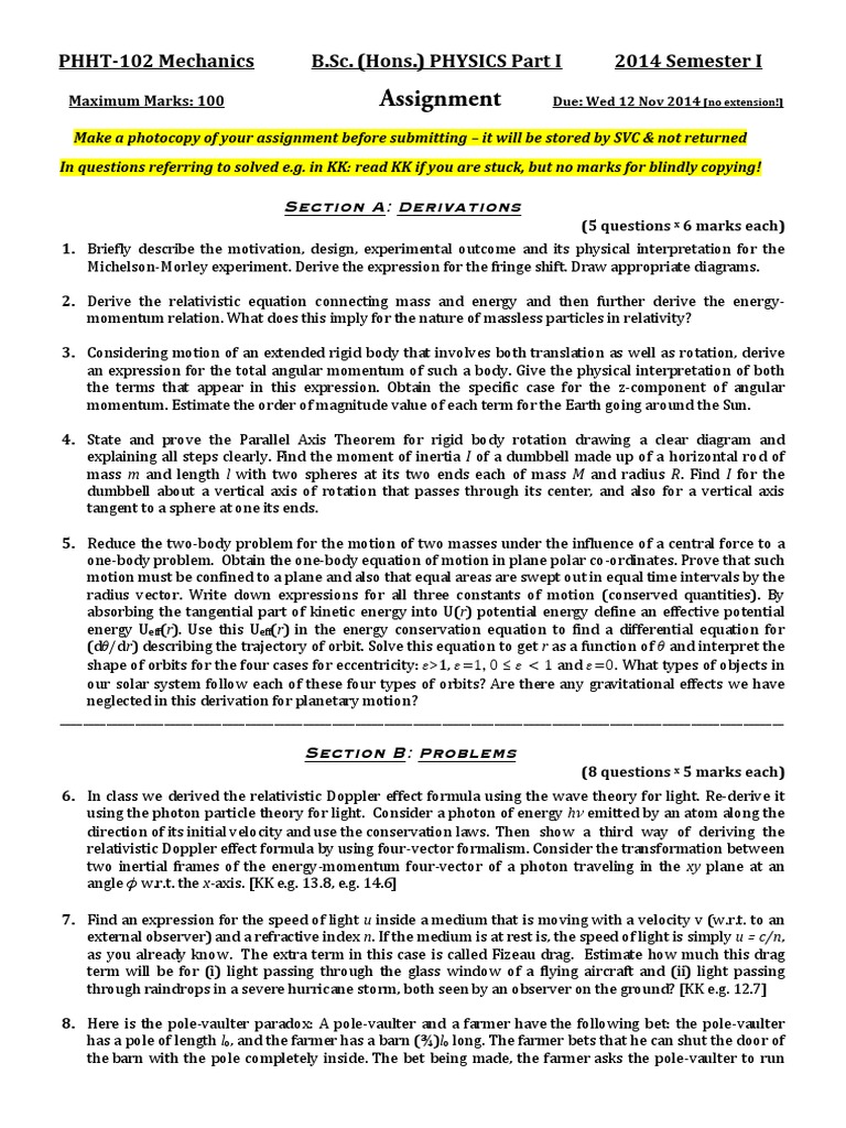 Mechanics Assignment for B.Sc. Physics | PDF | Rotation Around A Fixed ...