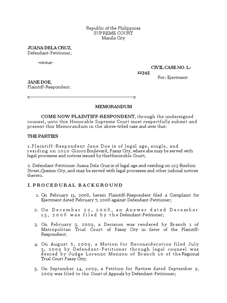 Sample Memorandum Ejectment | PDF | Real Property | Deed