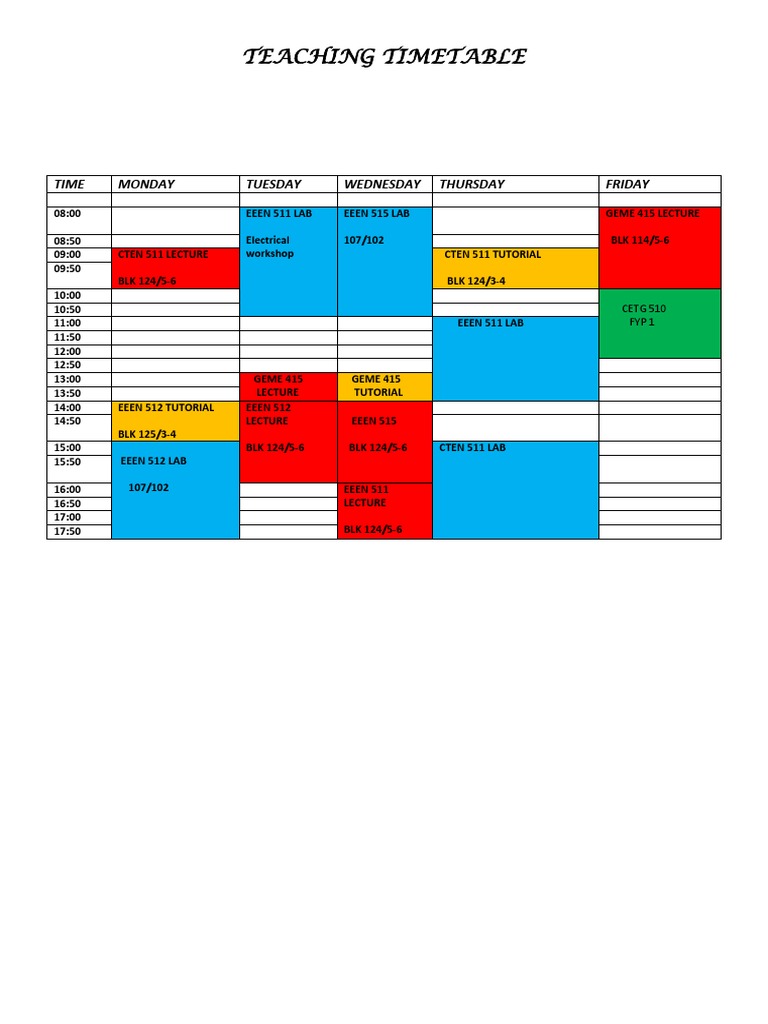 Teaching Timetable: Time Monday Tuesday Wednesday Thursday Friday | PDF