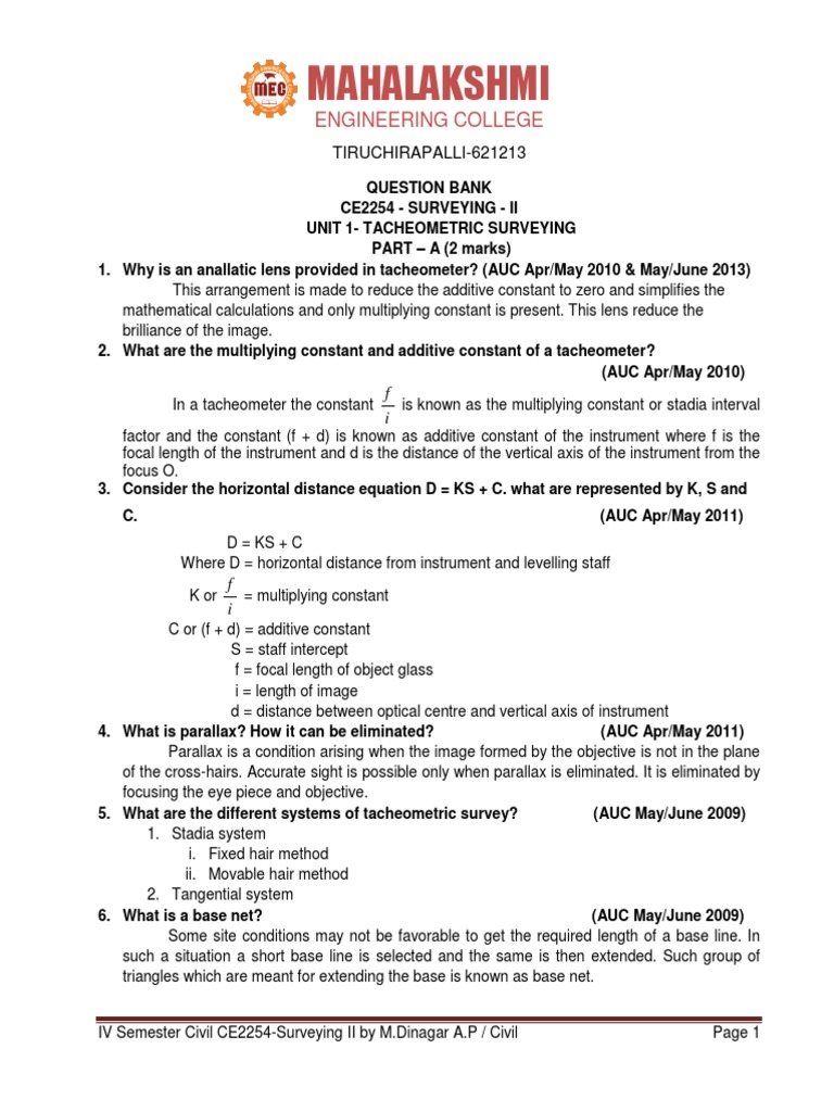 Tacheometry Problems1 | PDF | Optics | Geometric Measurement