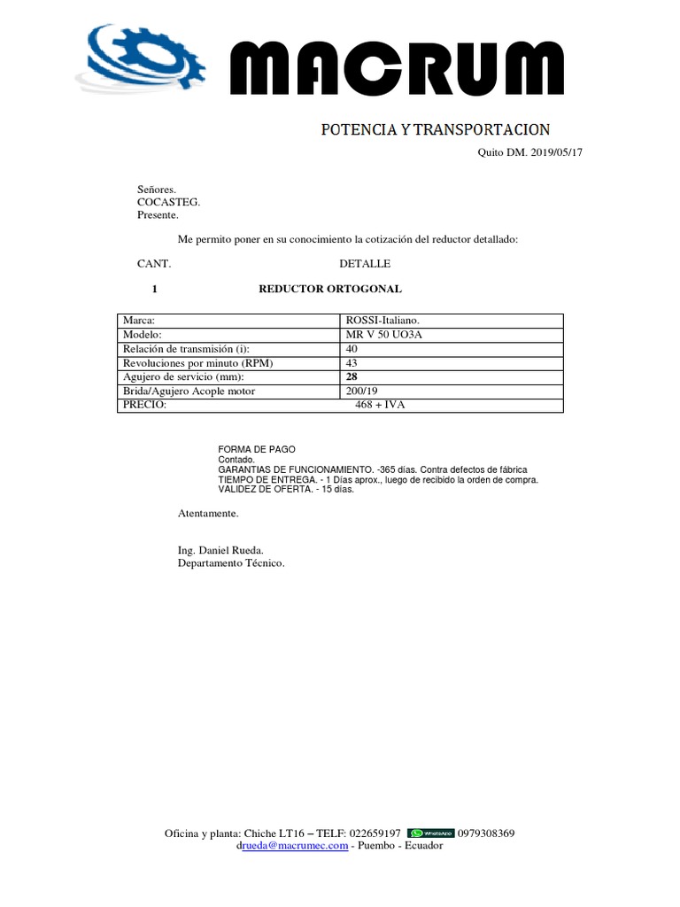 Reductor Rossi MRV50 COCASTEG | PDF | Tecnología