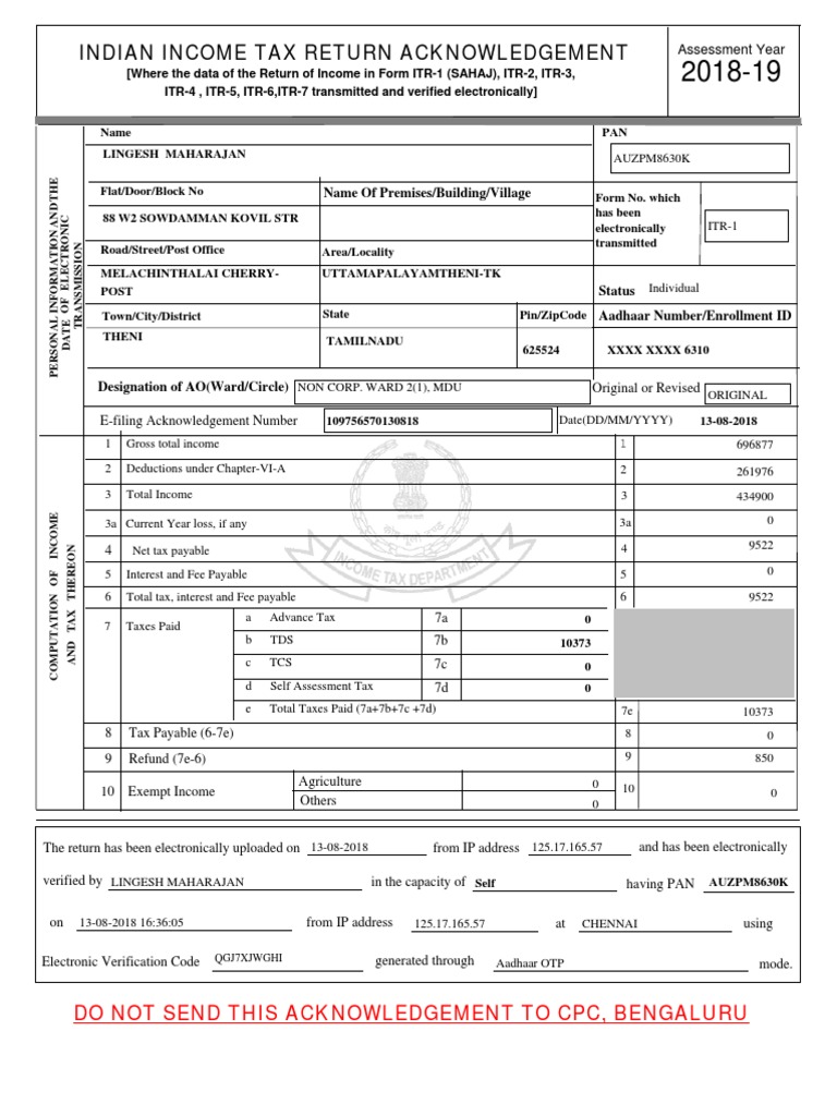 Indian Income Tax Return Acknowledgement: Name of Premises/Building ...