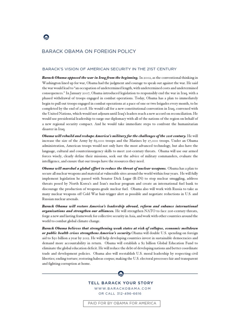Obama's Comprehensive Foreign Policy Plan | PDF | Barack Obama | Iraq War