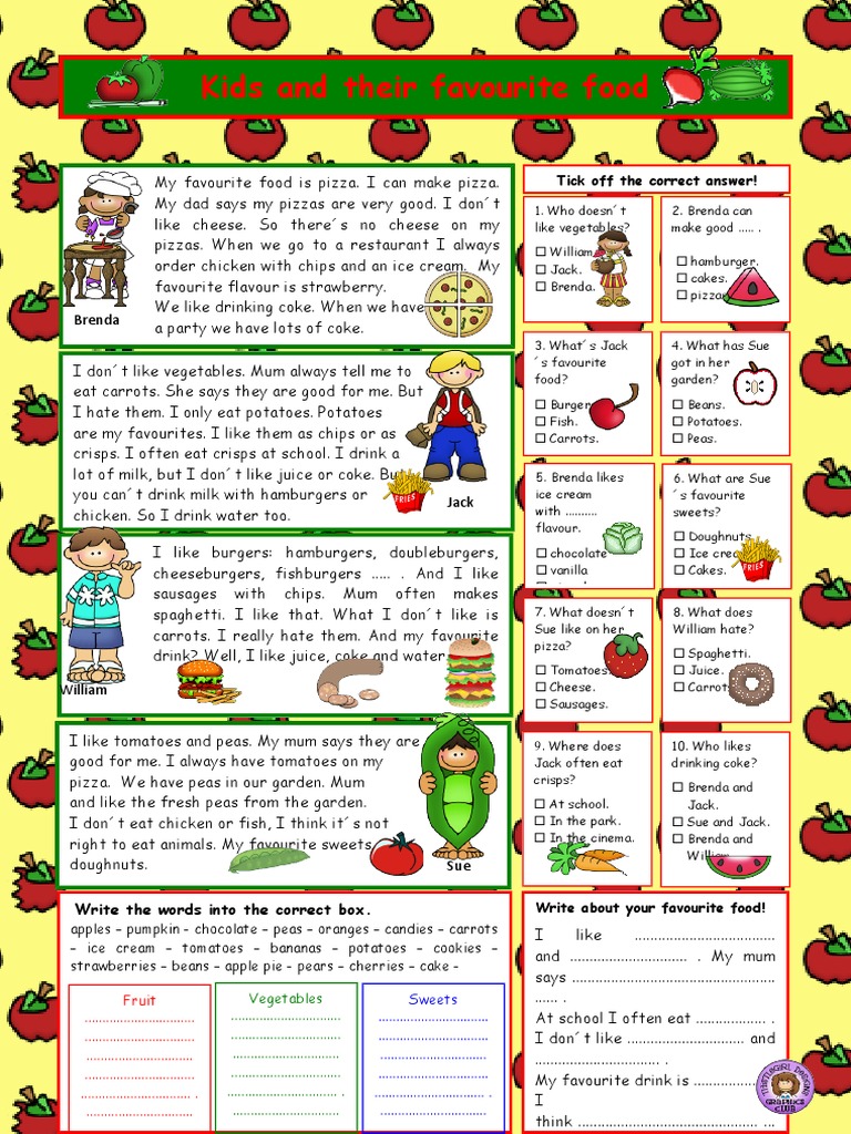 Kids and Their Favourite Food Key Reading Comprehension Exercises 34436 ...