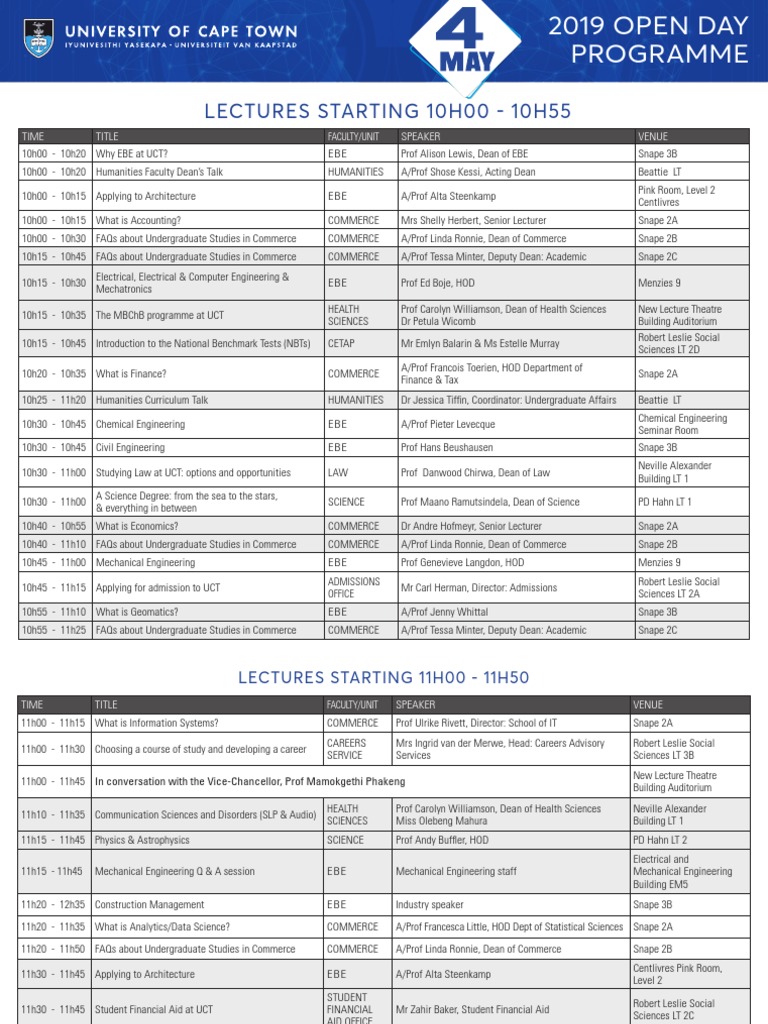 UCT 2019 Open Day Lecture Schedule | PDF | Engineering | Science And ...