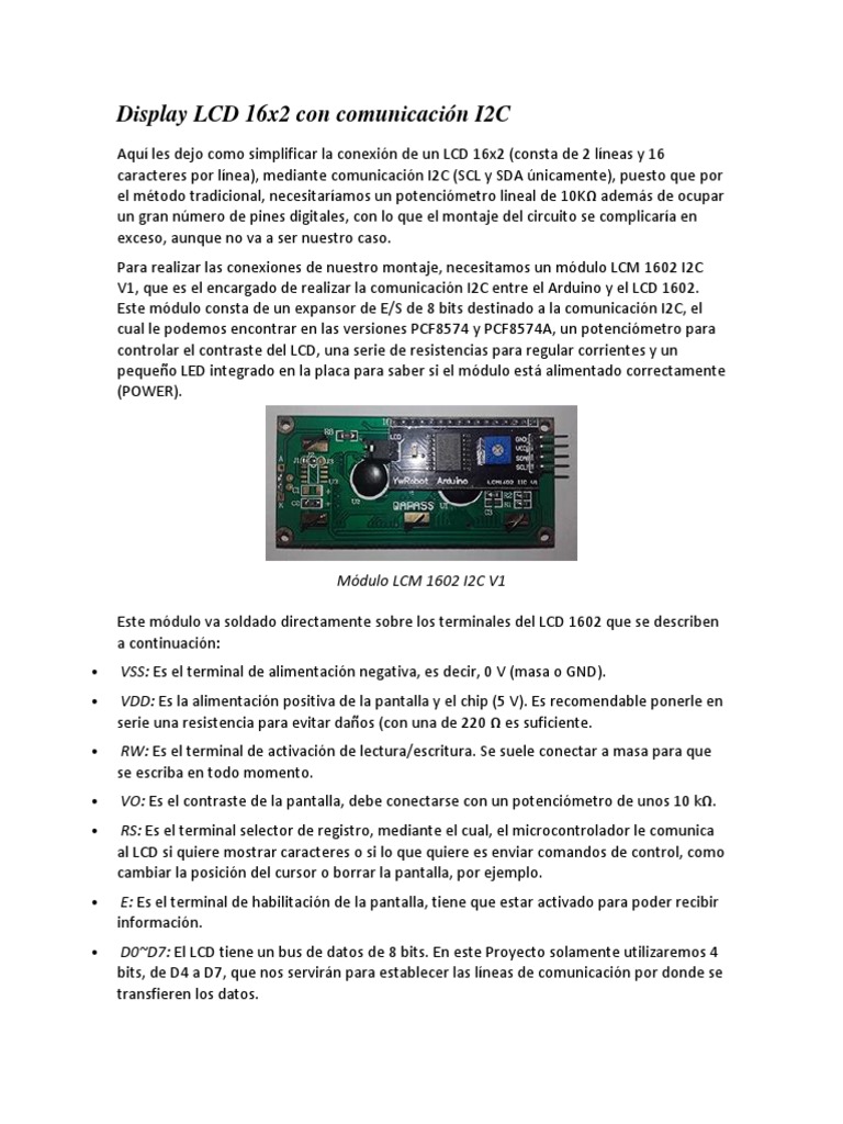 Display LCD 16x2 Con Comunicación I2C | PDF | Arduino | Pantalla de cristal líquido