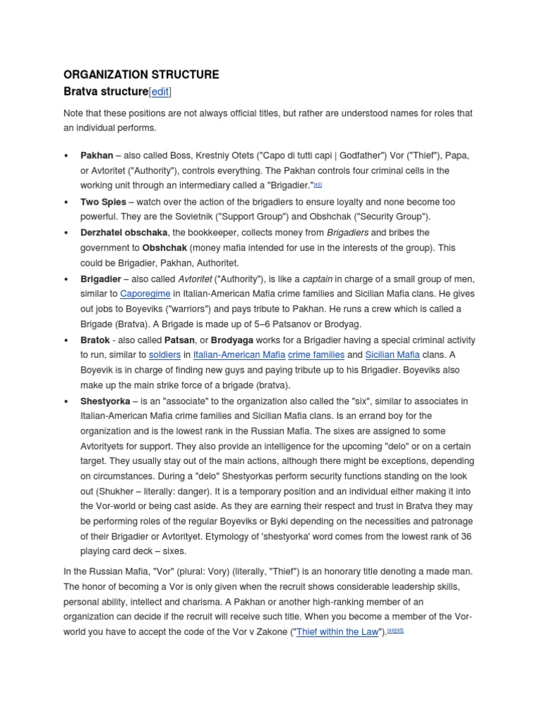 Organization Structure Bratva Structure: Pakhan | PDF | American Mafia ...