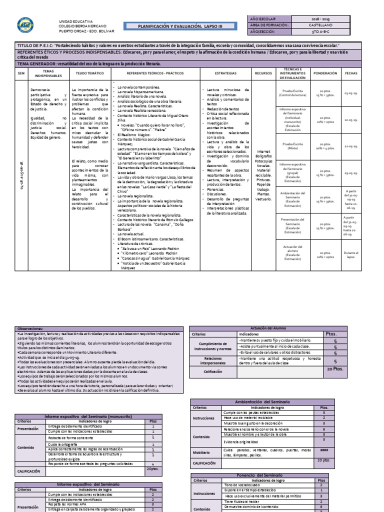 Planificacion de 5to Año | PDF | Salón de clases | Crítica literaria