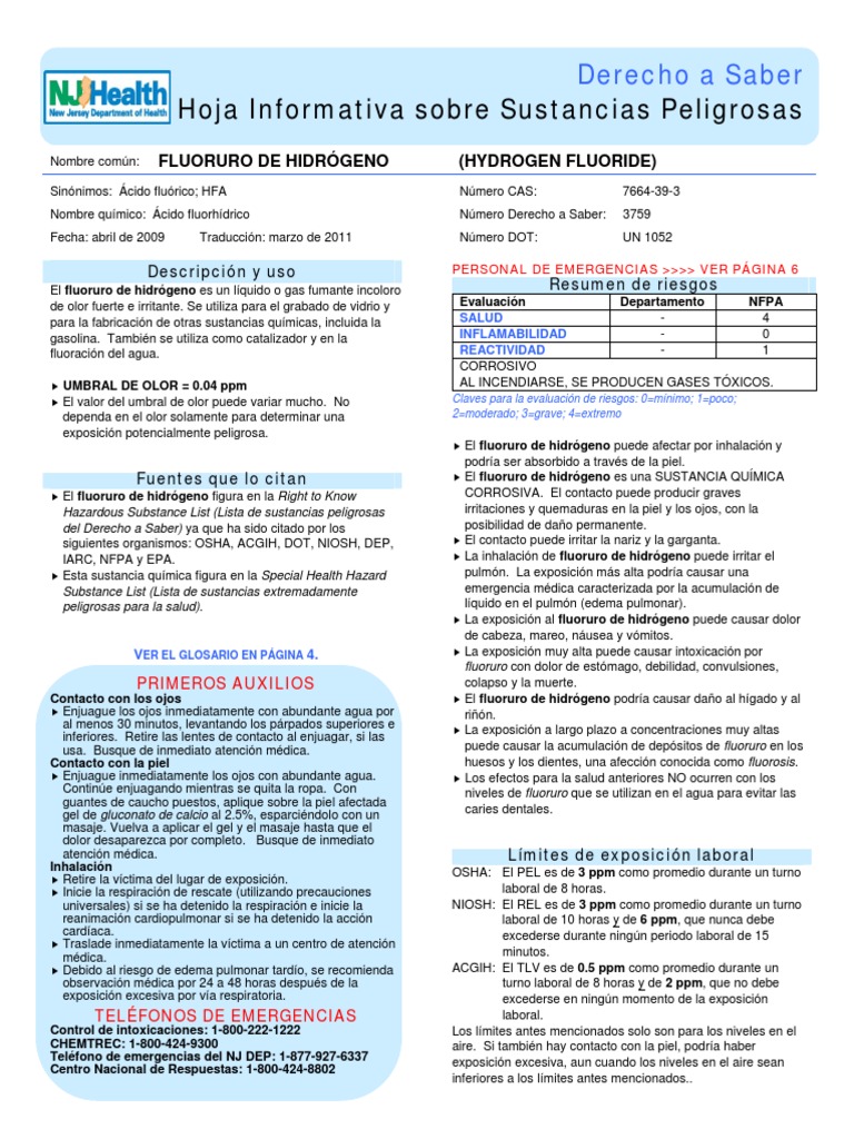 Acido Fluorhidrico | Descargar gratis PDF | Hidrógeno | Administración de Seguridad y Salud ...