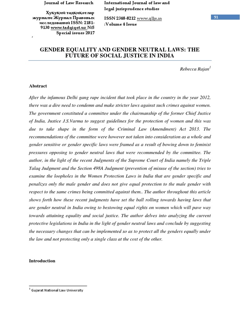 Gender Equality and Gender Neutral Laws-The Future of Social Justice ...