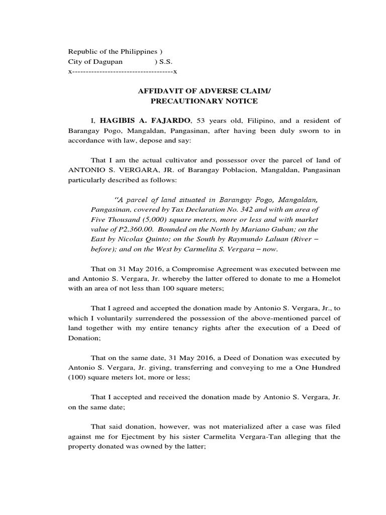 Adverse Claim Affidavit for Land Rights | PDF | Affidavit | Law And ...