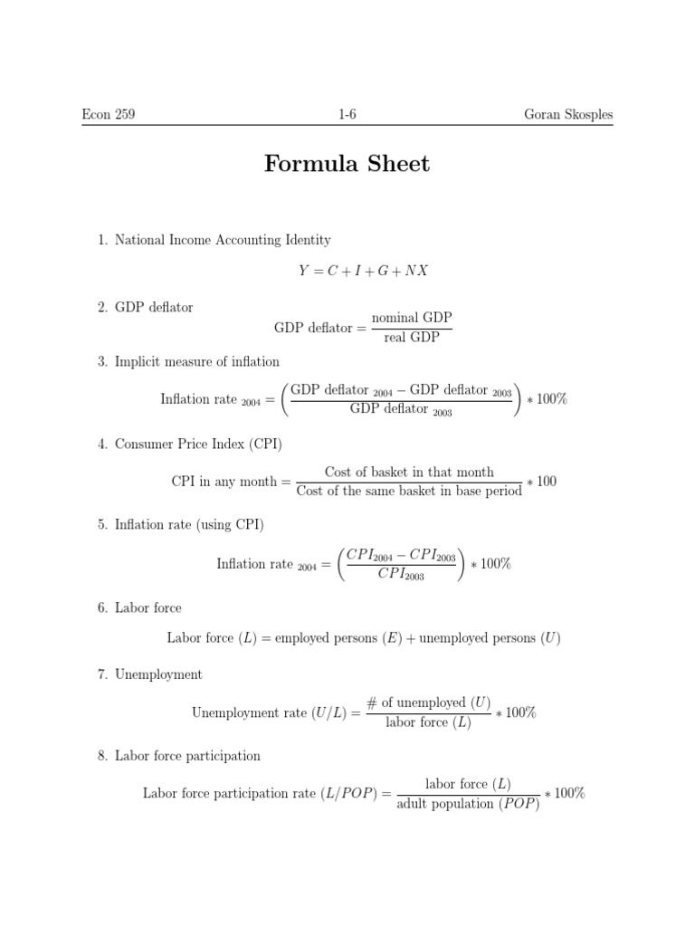 Formula Sheet PDF | Download Free PDF | Money Supply | Inflation