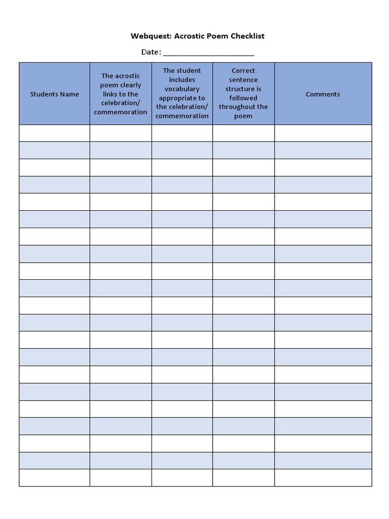 Date: - : Webquest: Acrostic Poem Checklist | PDF