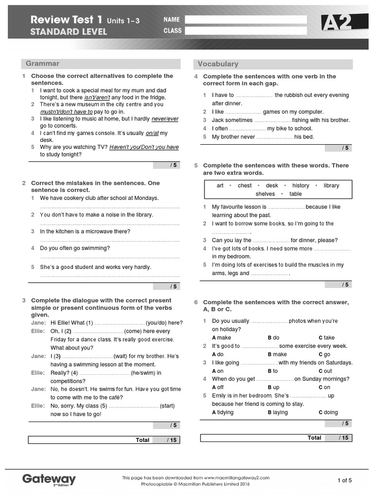 A2 Review Test 1 Standard | PDF
