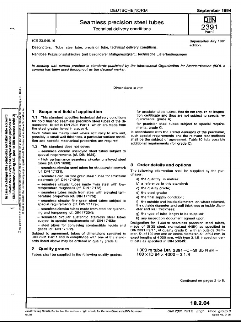 DIN 2391 2 1994 Seamless Precision Tubes Part2 PDF | PDF