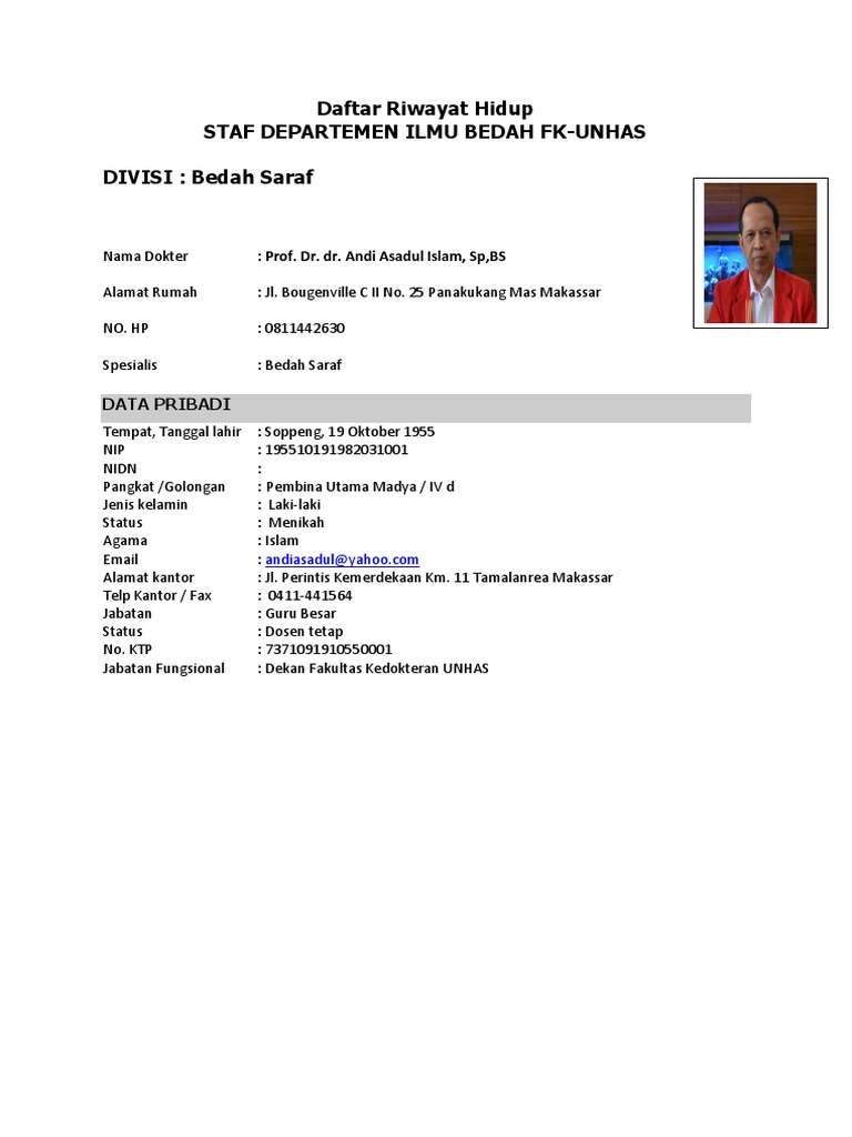 CV Prof Dr Andi Asadul Islam Sp BS Bedah Saraf UNHAS | PDF