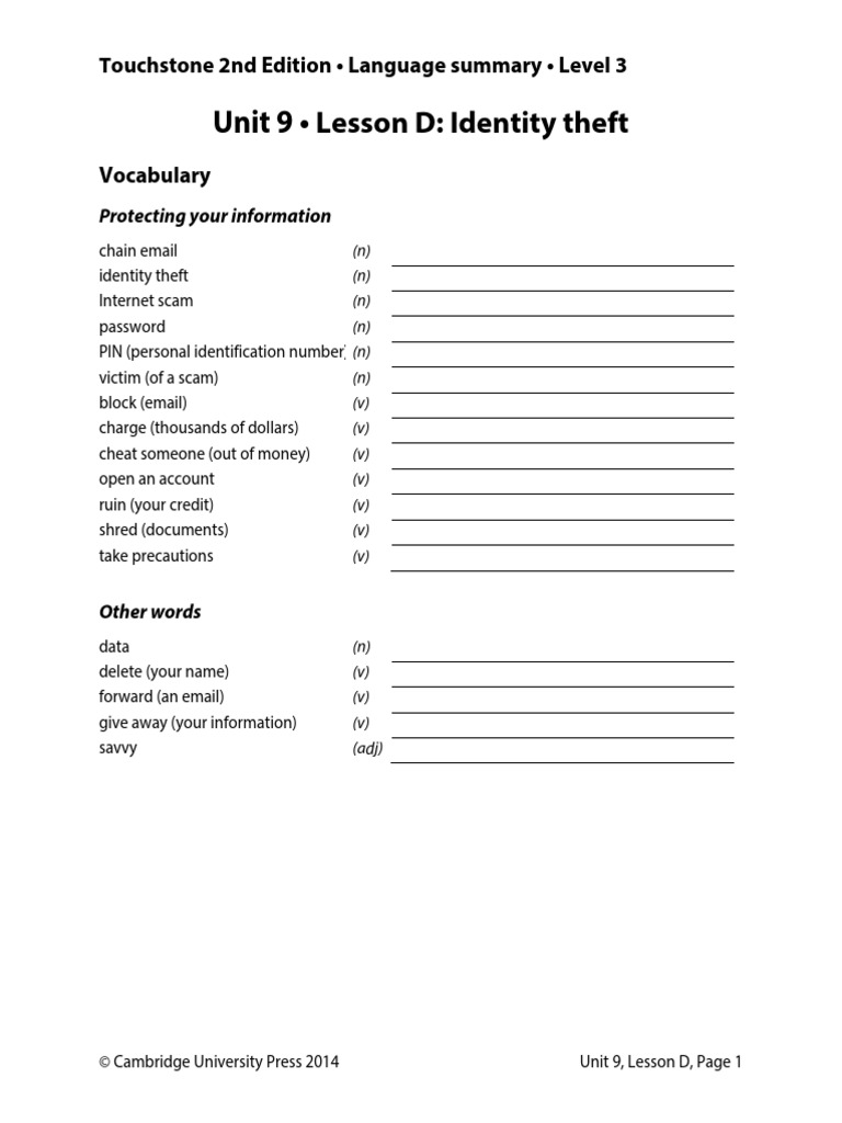 Unit 9 - Lesson D: Identity Theft: Touchstone 2nd Edition - Language ...