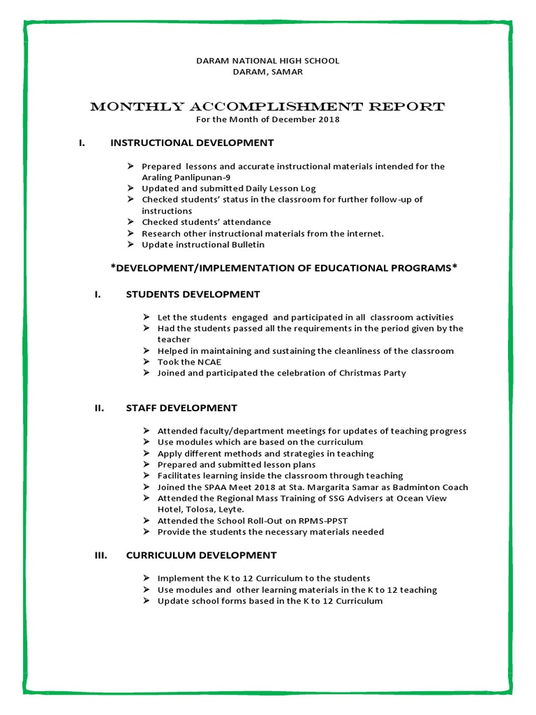 Monthly Accomplishment Report: I. Instructional Development | PDF ...