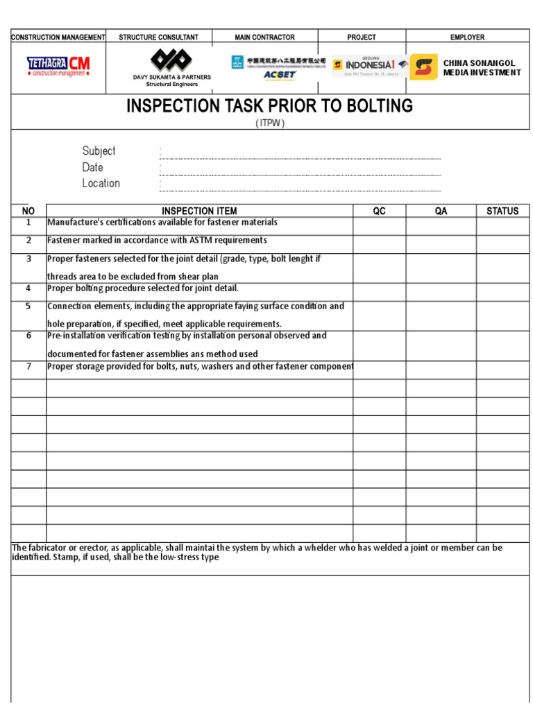 Bolting Inspection Checklist and Report | PDF | Screw | Nut (Hardware)
