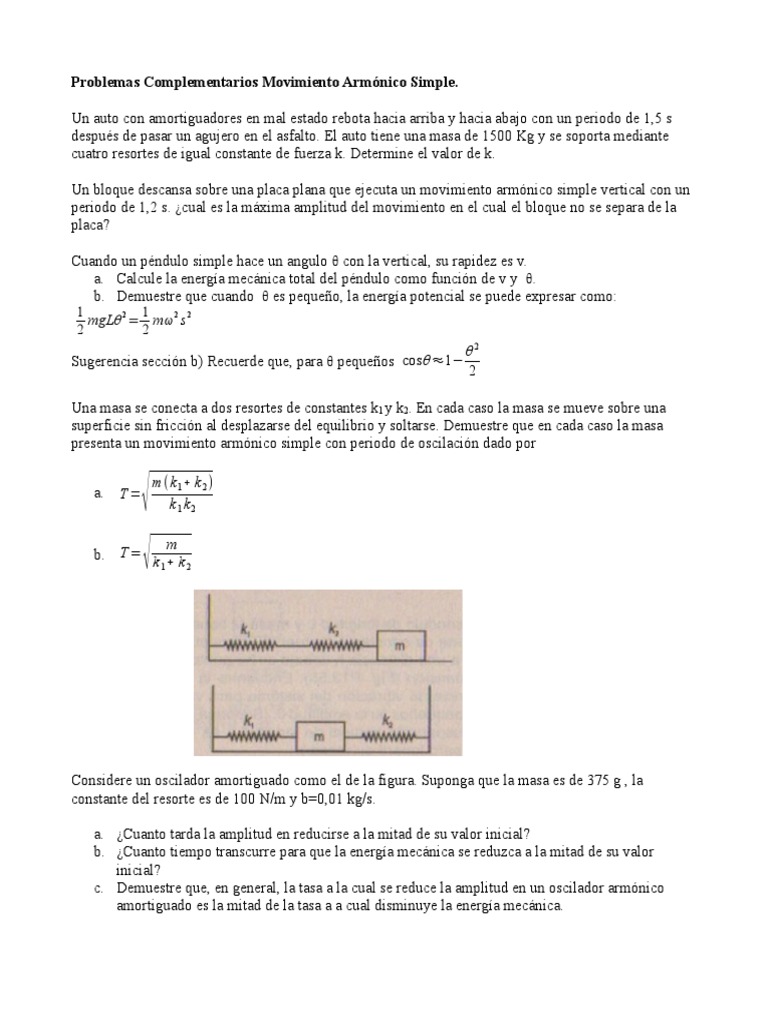 Problemas Complementarios Movimiento Armónico Simple | PDF | Naturaleza | Mecánica