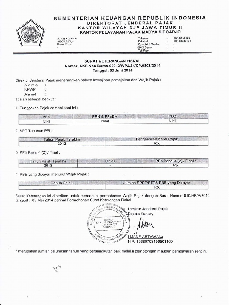 Contoh Surat Keterangan Fiskal | PDF