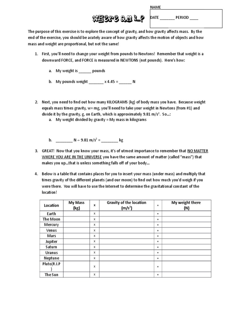Mass vs Weight Worksheet Answers | PDF | Mass | Gravity