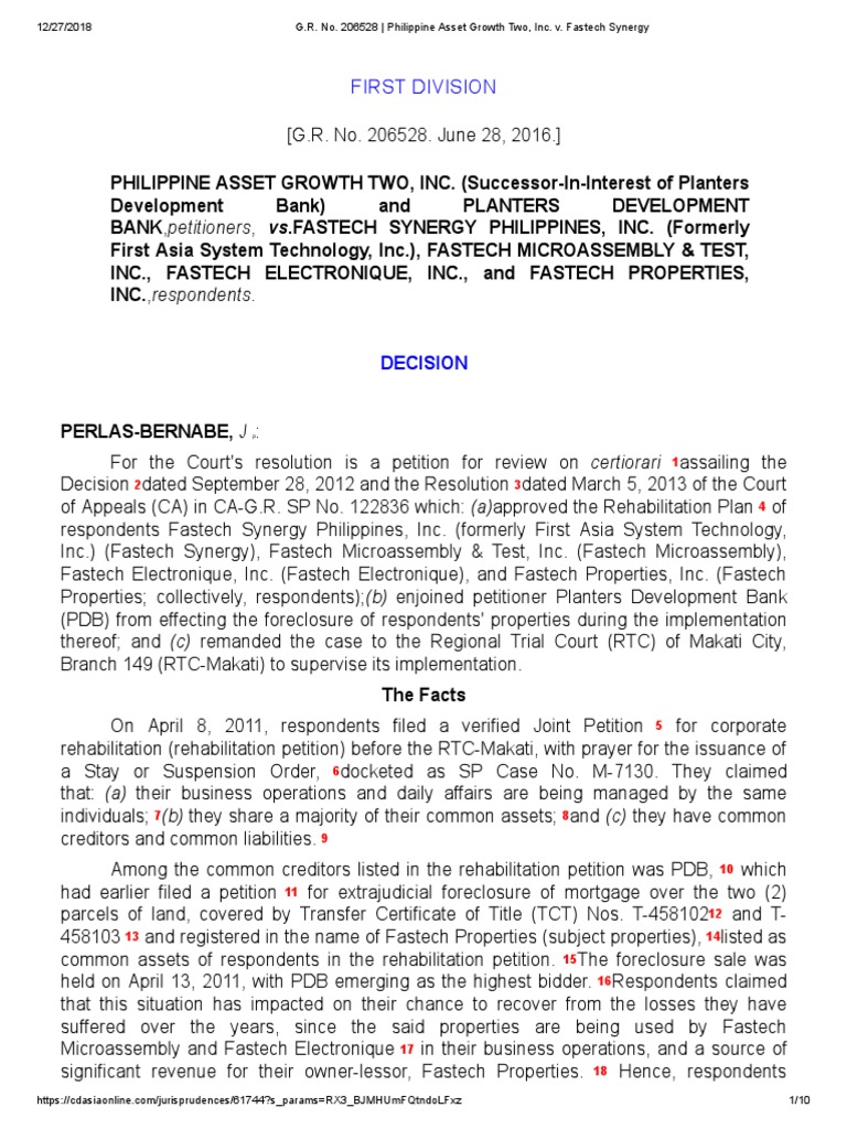 Philippine Asset Growth Two, Inc. v. Fastech Synergy G.R. No. 206528 ...