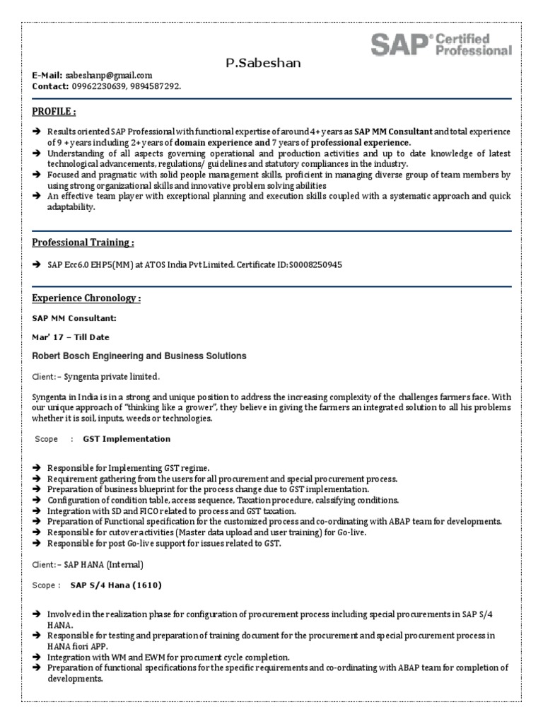 SAP MM Sample Resume | PDF | Sap Se | Procurement