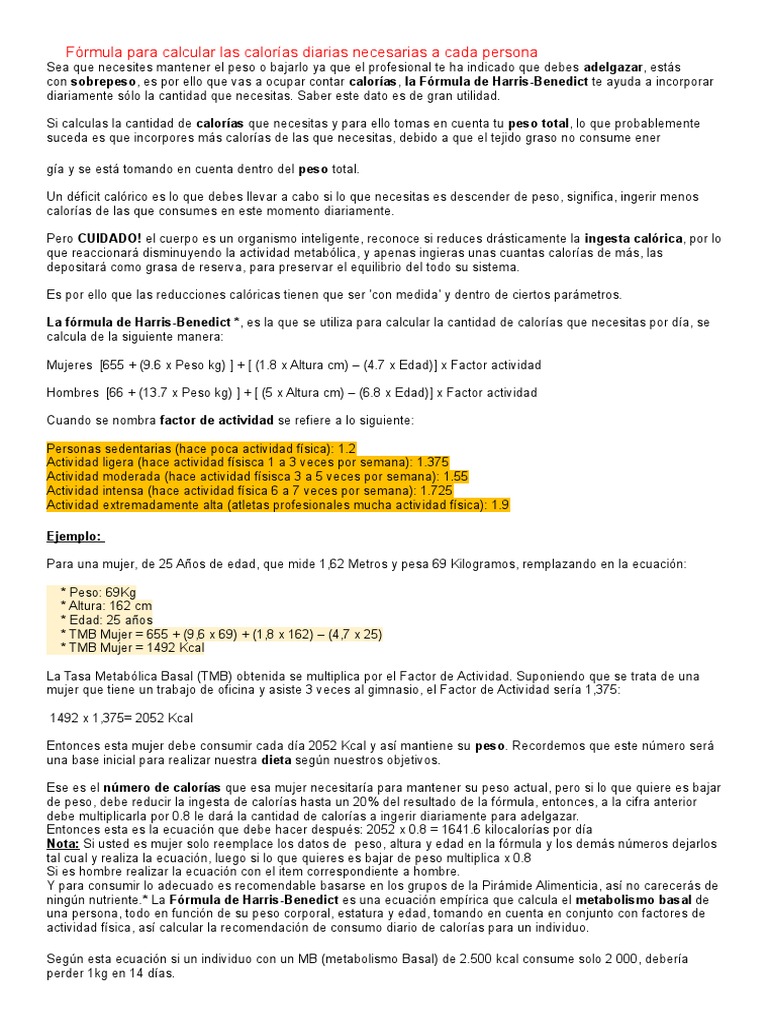 Fórmula para Calcular Las Calorías Diarias Necesarias A Cada Persona ...
