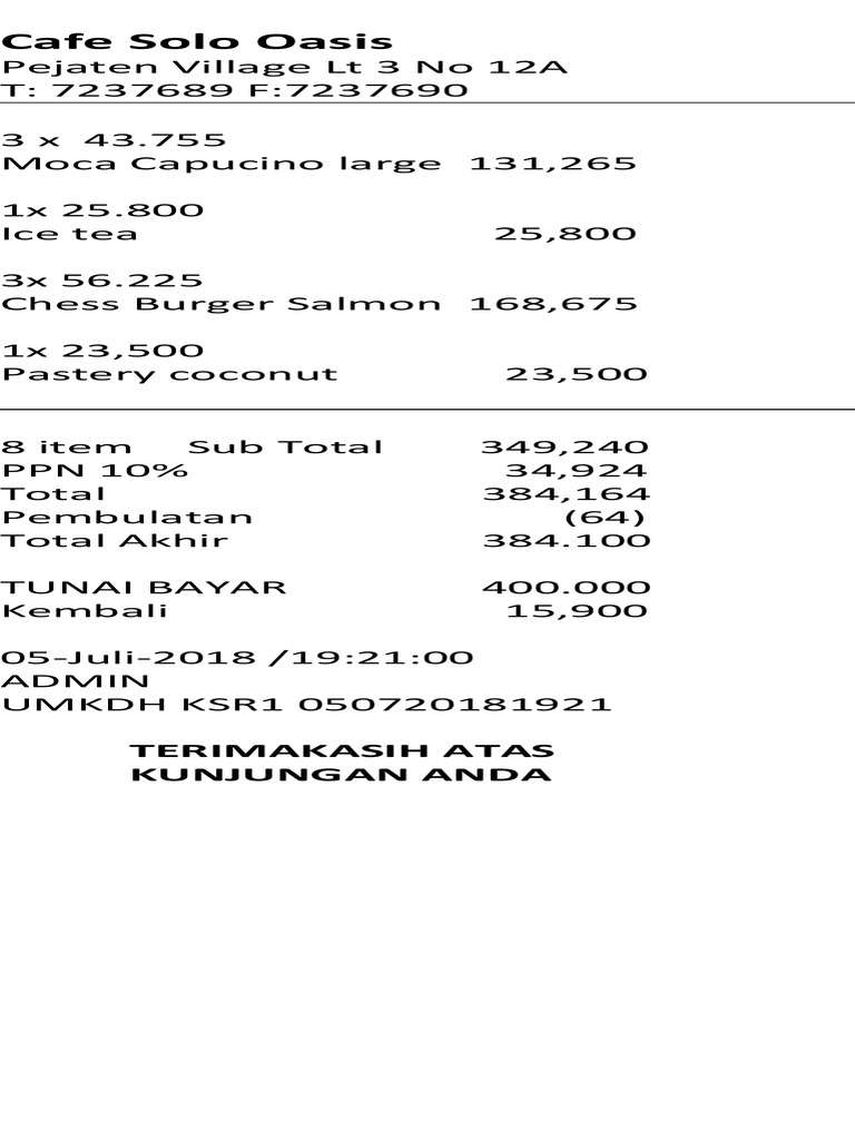 Struk Pembelian Cafe Pejaten | PDF