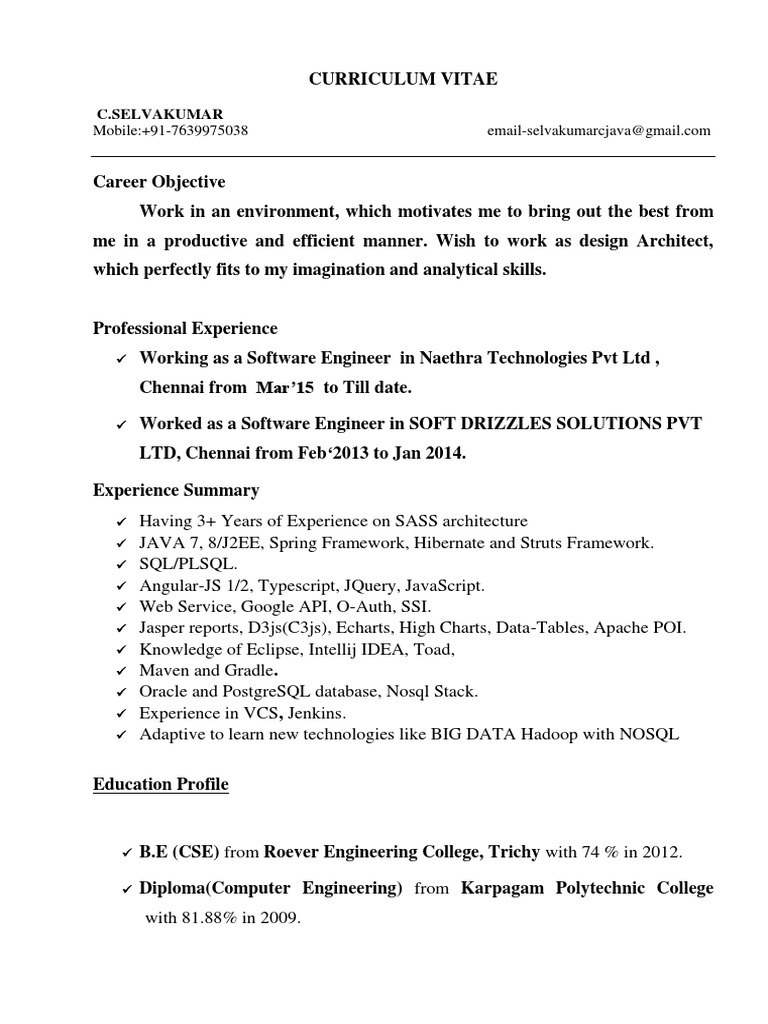 Curriculum Vitae of C. Selvakumar Detailing Professional Experience in Software Engineering ...
