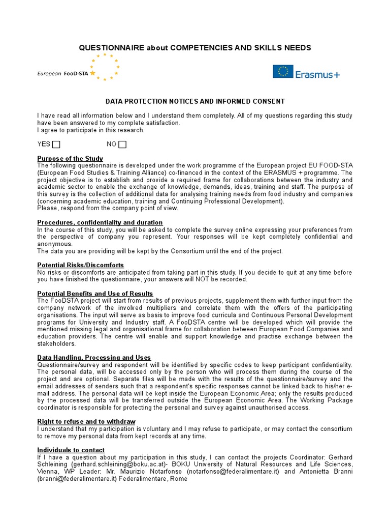 Questionnaire About Competencies and Skills Needs | PDF | Food Safety ...