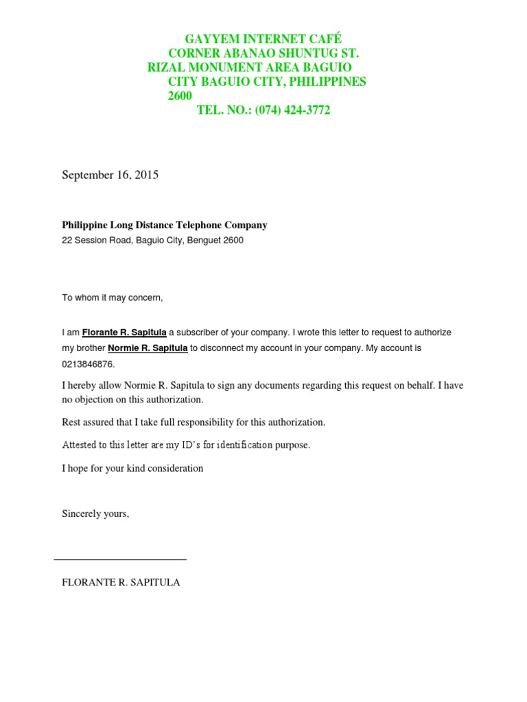 Authorization Letter For Disconnection PLDT | PDF | Electronics | Telephony
