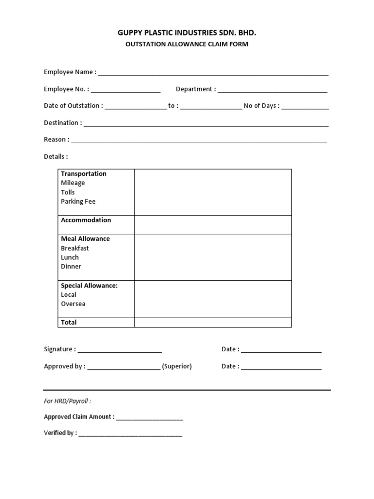 Guppy Plastic Industries Sdn. BHD.: Outstation Allowance Claim Form | PDF
