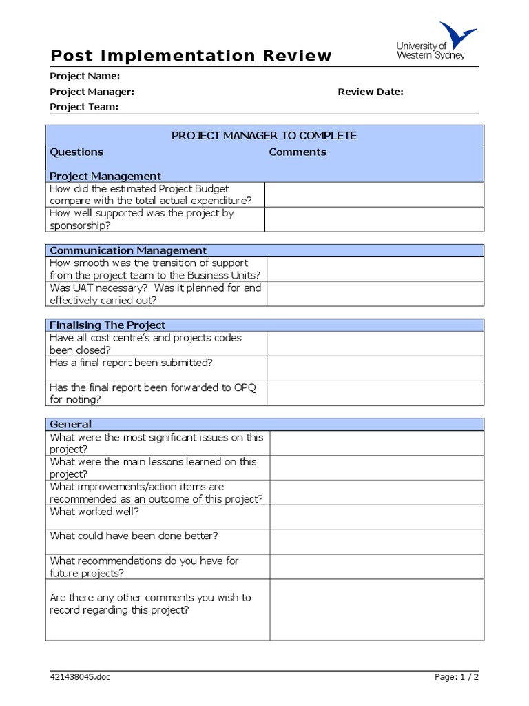Post Implementation Review: Project Manager To Complete Questions ...
