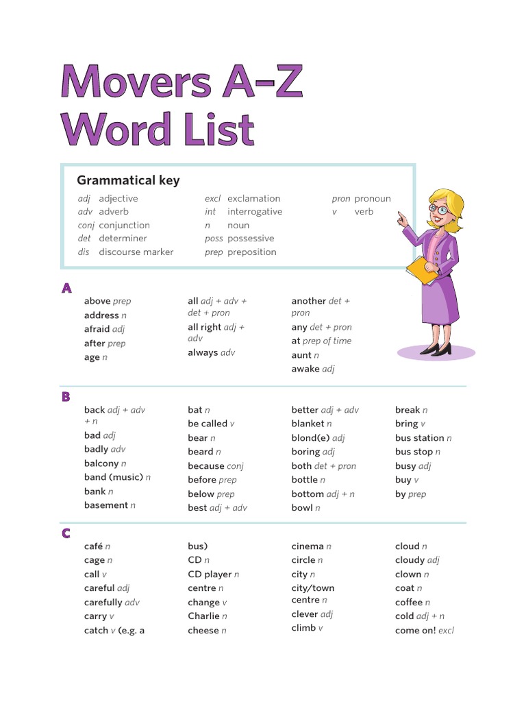 Movers A-Z Word List: Grammatical Key | PDF | Semantics | Cognitive Science